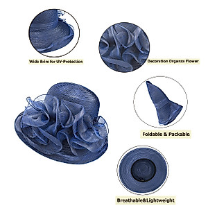 Wide-Brim-Kentucky-Hat Sun-Hat for Womens Foldable UV-Protection Summer-Derby-Tea-Party-Fascinator-Hats(M/L) Navy