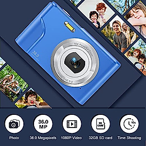 Digital Camera for Kids Boys and Girls - 36MP Children's Camera with 32GB SD Card，Full HD 1080P Rechargeable Electronic Mini Camera for Students, Teens, Kids(Light Blue)