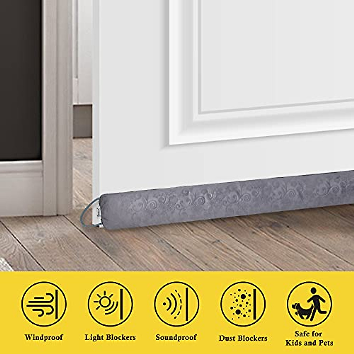 fowong Door Draft Stopper 38 Inch Weighted Under Door Draft Blocker Soundproofing Guard Wind Blocker with Hook Tapes for Easy Install, Grey