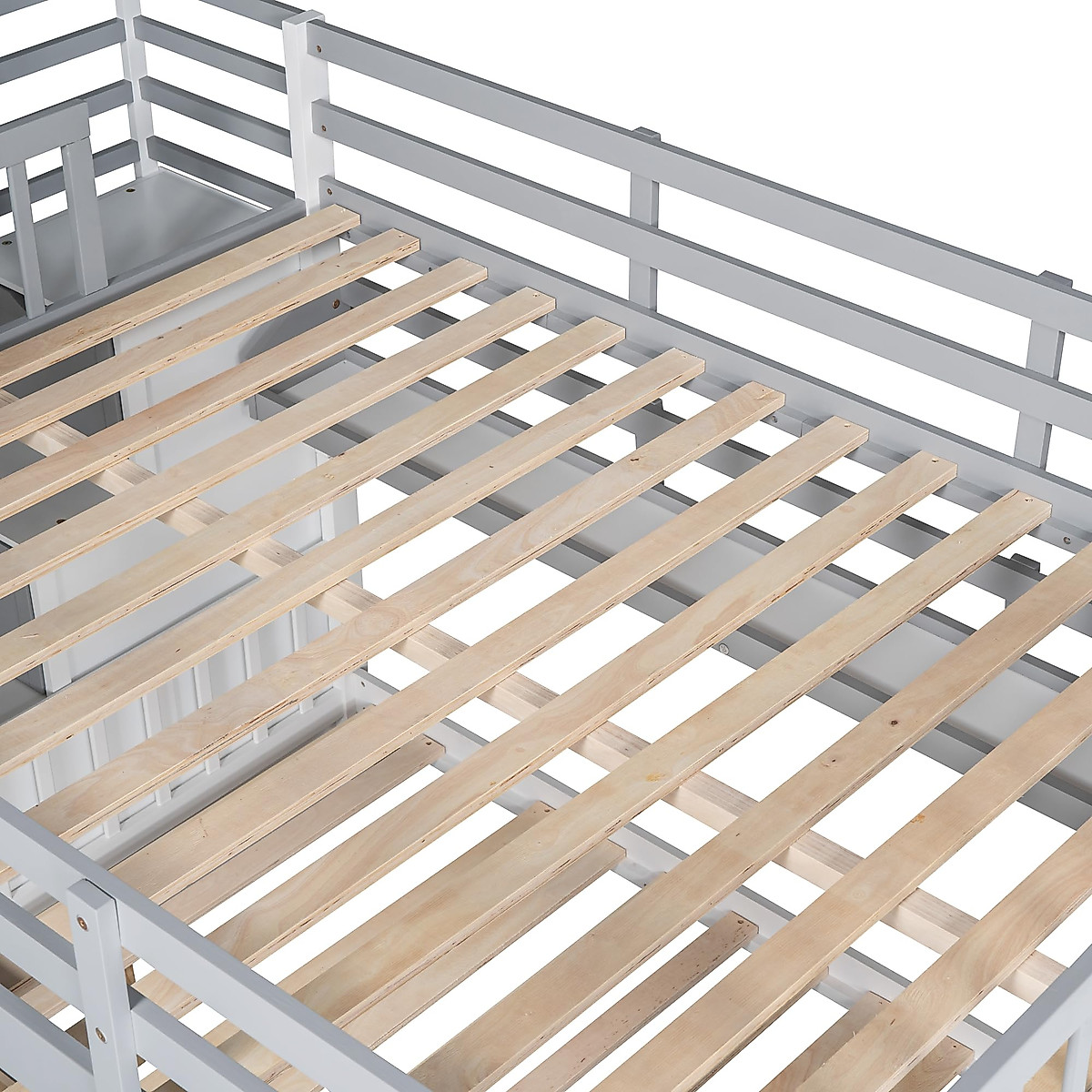 BIADNBZ Full Over Full Castle Style Bunk Bed with Slide and Stairs, Wooden Stairway BunkBed w/2 Drawers Storage and 3 Shelves for Kids Boys Girls Bedroom, Gray