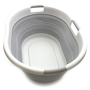 SAMMART 57L (15 Gallons) Collapsible 3-Handled Plastic Laundry Basket - Oval Tub - Portable Washing Tub-Space Saving Laundry Hamper, Water Capacity 44L / 11.6 Gallon (1, Grey)