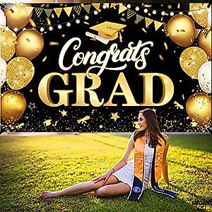 XtraLarge, Congrats Grad Banner - 72x44 Inch | Graduation Banner for Graduation Party Decorations 2023 | Congratulations Banner for Black and Gold Graduation Decorations 2023 | Graduation Backdrop