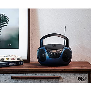 Tyler Portable CD Player Boombox Radio AM/FM Top Loading AC & Battery Compatible Aux Input & 3.5mm Headphone Jack Small Lightweight Compact Boom Box Home Stereo Speaker Carrying Handle Kids Room Blue