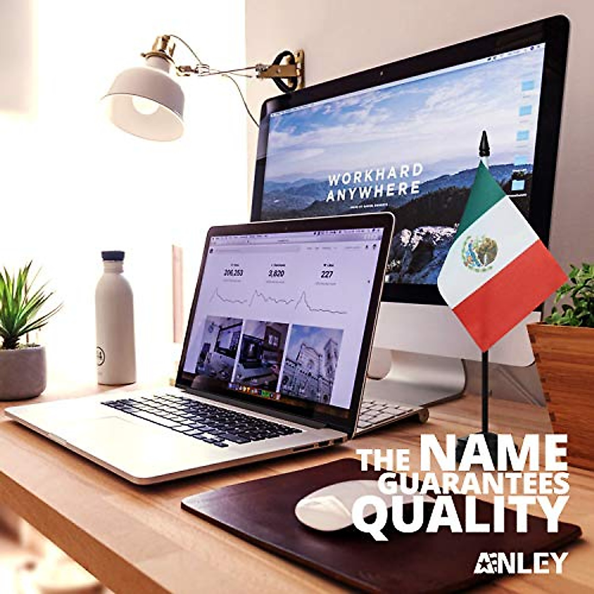 Anley Mexico Deluxe Desk Flag Set - 6 x 4 Inch Miniature Mexican Desktop Flag with 12" Solid Pole - Vivid Color and Fade Resistant - Black Base and Spear Top