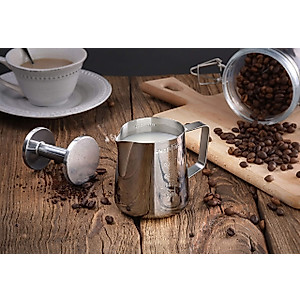 New Star Foodservice 28829 Commercial Grade Stainless Steel 18/8 12 oz Frothing Pitcher and Die Cast Aluminum Tamper Combo Set, Silver