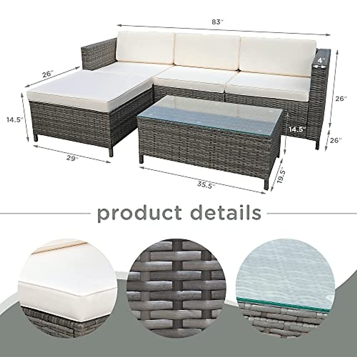SUNVIVI OUTDOOR Patio Furniture, 5 Piece All Weather Grey PE Wicker Patio Sectional Furniture Conversation Sofa Set with Coffee Table, Removable Cushions