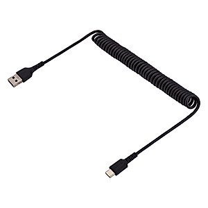 StarTech.com 3ft (1m) USB A to C Charging Cable, Coiled Heavy Duty Fast Charge & Sync USB-C Cable, USB 2.0 A to Type-C Cable, Rugged Aramid Fiber, Durable Male to Male USB, Black (R2ACC-1M-USB-CABLE)