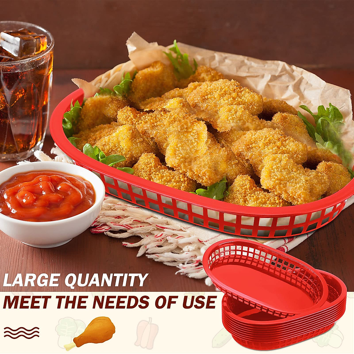 60 Pack Fast Food Baskets for Serving,10.5" x 7" Plastic Bread Baskets Oval Retro Storage Basket Bin Food Service Tray for Restaurant,Chip,Hot Dog,Burger,Sandwiches, BBQ, Picnic, Party (Red)