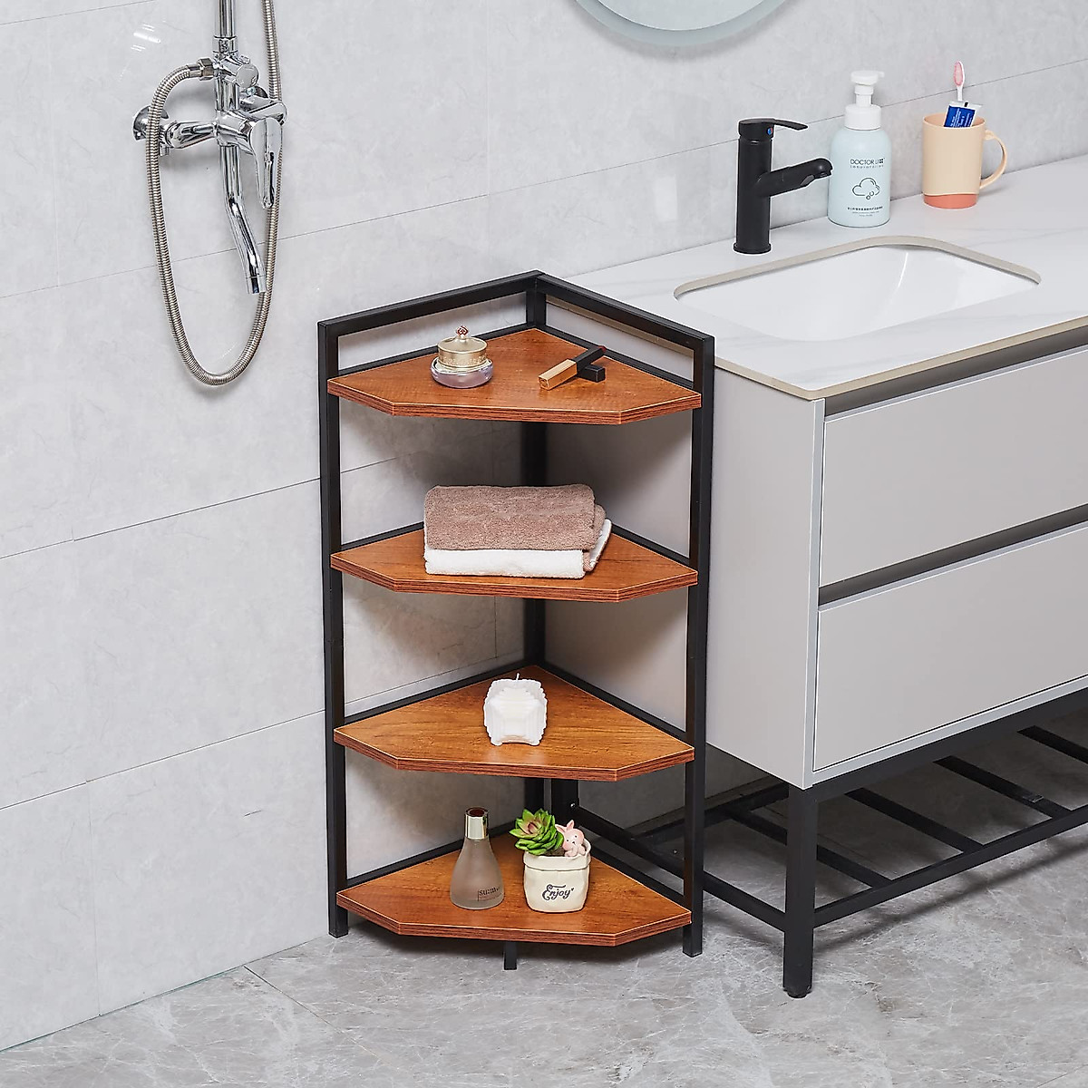 Cplxroc Corner Shelf, 4-Tier Display Shelves, Wood Storage Stand, Multipurpose Shelving Unit for Small Space, Home Office, Bathroom Corner Chelf (Brown)