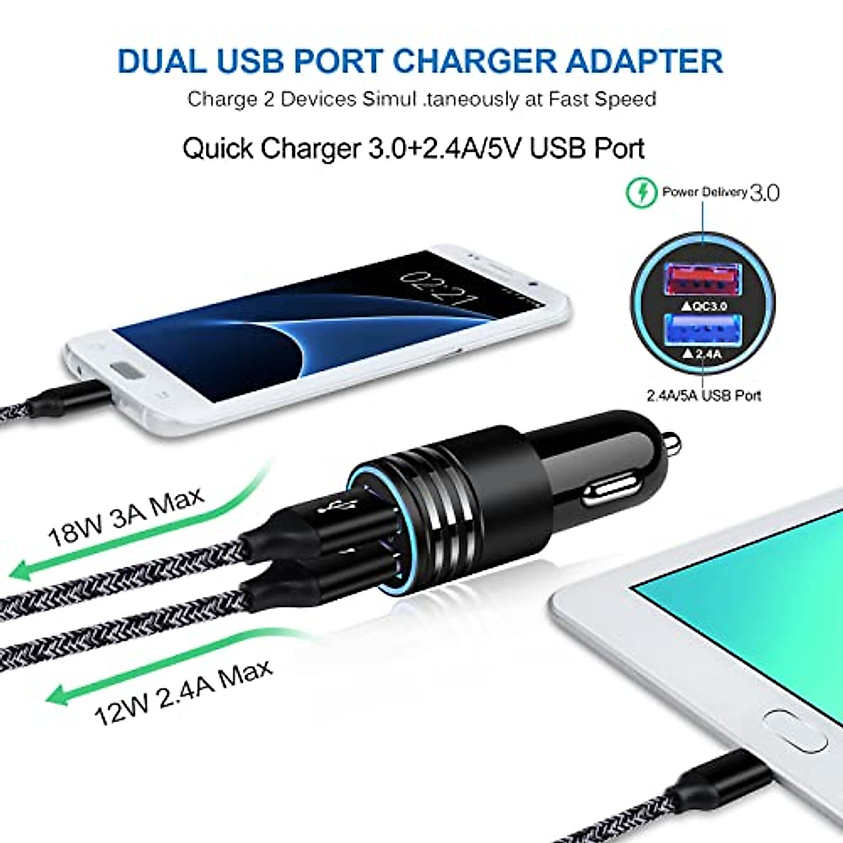 Android Fast Charger for Samsung Galaxy S7 S6 Edge A10 A6 J8 J7 J5 J3 J2 Note 5,LG Stylo 3 2 K40 K30 K20,Moto E7 E6 E5 G5,Kindle fire,Quick Charge 3.0 Wall Charger Car Adapter+3FT 6FT Micro USB Cable