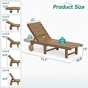 Homenjoy Chaise Lounge Chair Outdoor, HDPS Material, Outdoor Pool Lounge Chairs with 5-Position Backrest, Patio Lounge Chair with Wheels for Outside, Poolside, Beach, Backyard, Brown