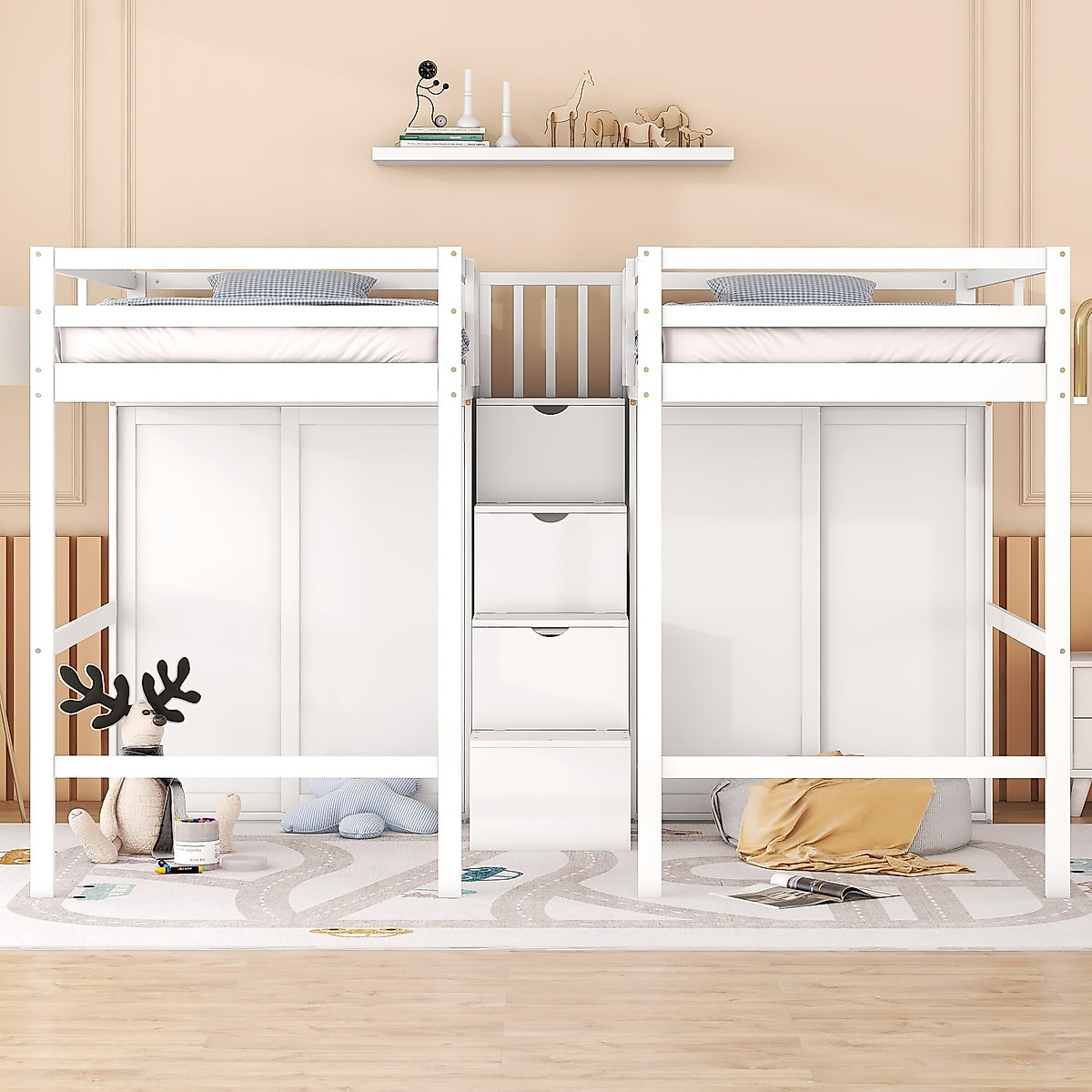 BIADNBZ Wooden Double Twin Size Loft Bed with Two Wardrobes and Staircase for Kids/Teens/Bedroom,White