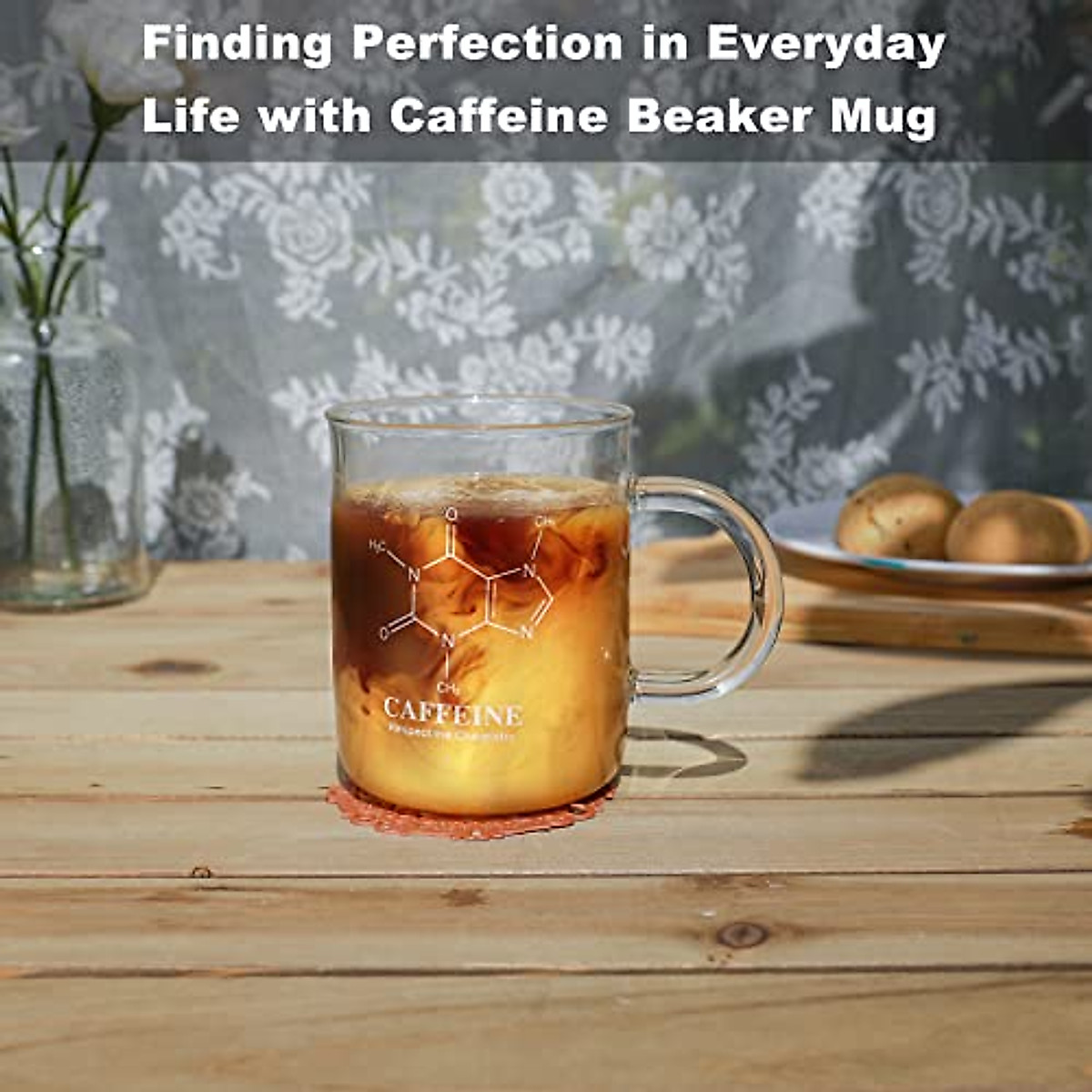 Caffeine Beaker Mug, Caffeine Molecule Mug - Chemistry Mug 16 oz Borosilicate Glass Coffee Mugs with Handle and Measuring for Coffee, Latte, Tea or Hot and Cold Beverage, Tea Coffee Mug by Amugo