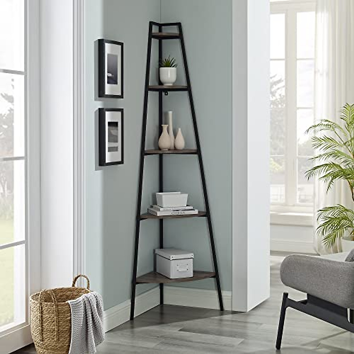 Walker Edison Freya Modern Industrial 5-Shelf Metal and Wood Corner Bookcase, 72 Inch, Grey Wash