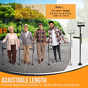 VIVA CARE Walking Cane with Light & Alarm - Foldable, Adjustable, Lightweight, for Balance & Stability for Adults, Seniors, & Injured. [Black]