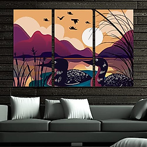 Solomon_Denny 3 Pieces Oil Prints Wall Art Loon Bird In The Sunset Lake Pictures Modern Painting for Living Room Bedroom Office Home Decoration Wall Decor Large