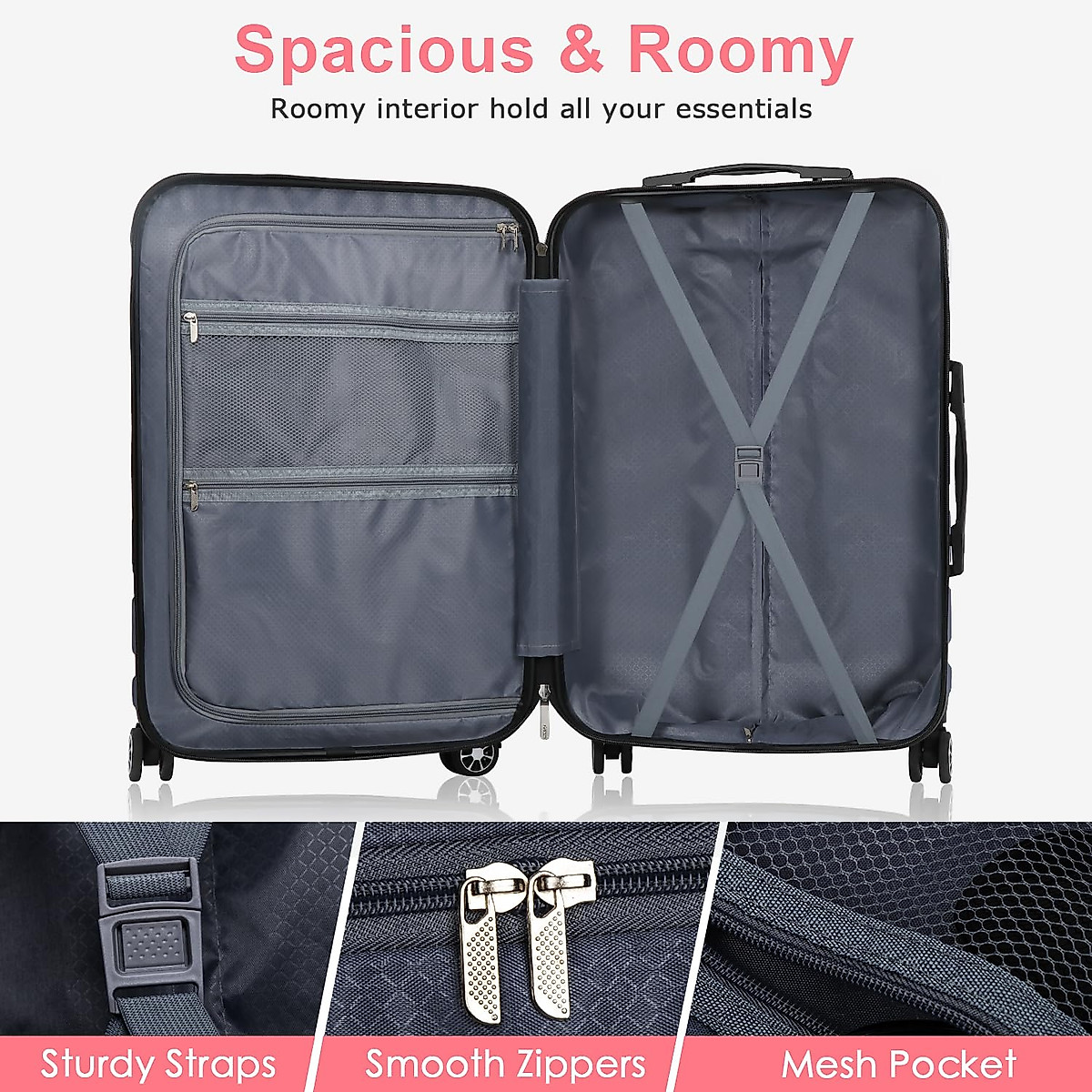 YEMENREN Luggage Sets Hardside Lightweight Suitcase with Spinner Wheels TSA Lock, 3-Piece Set (20/24/28), Pink