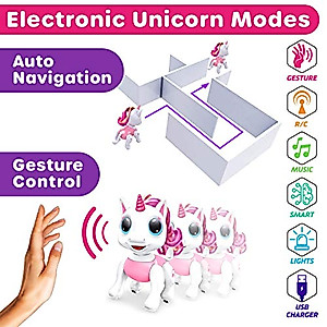 Power Your Fun Robo Pets Unicorn Toy for Girls and Boys - Remote Control Robot Toy with Interactive Hand Motion Gestures, STEM Toy Program Treats, Walking and Dancing Robot Unicorn Kids Toy (Pink)