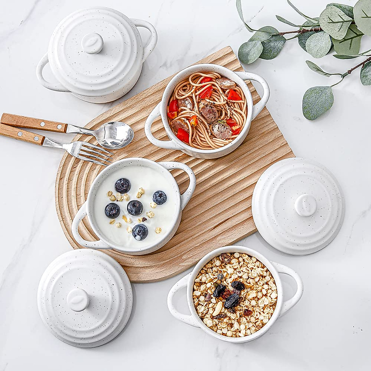 HVH 12 oz Ramekins with Lids, Mini Casserole Dish with Lid Oven Safe, Small Casserole Dish Set, Oven Safe Bowls, Mini Baking Dishes for Oven with Lids, Farmhouse Style (White)