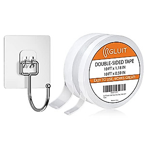 GLUIT Large Adhesive Hooks 12 Pack and Double Sided Tape Heavy Duty 2 Rolls 20 FT