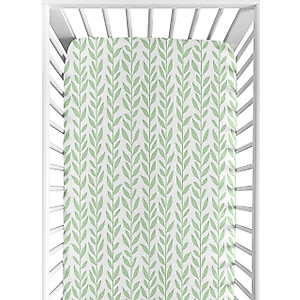 Sweet Jojo Designs Green and White Leaf Floral Girl Baby or Toddler Nursery Fitted Crib Sheet - Boho Farmhouse Sunflower Collection