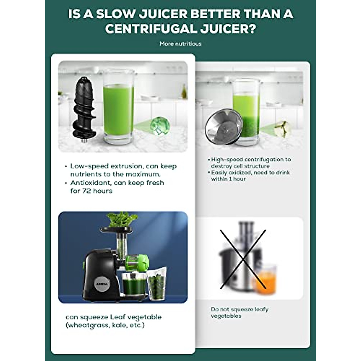 Juicer Machines, Aiheal New Generation Celery Slow Masticating Juicer Extractor Easy to Clean with Brush, Cold Press Juicer with Quiet Motor & Reverse Function for Fruits & Vegetables, Recipes (Elegant Black)