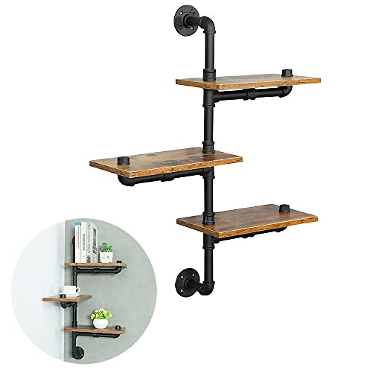 HEONITURE Industrial Pipe Shelving, Pipe Shelves with Wood Planks, Floating Shelves Wall Mounted, Retro Rustic Industrial Shelf for Bar Kitchen Living Room