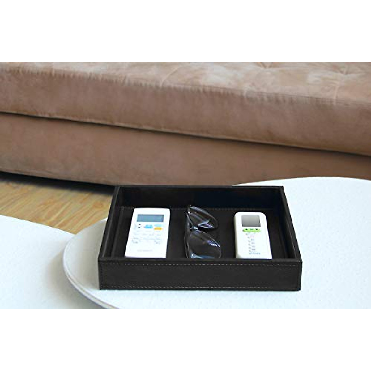 HofferRuffer Faux Leather Vanity Tray, Elegant Desktop Storage Organizer, Decorative Catchall Perfume Tray, Bathroom Valet Tray, Nightstand or Dresser Organizer, Black, 10.2 x 8.4 x 1.8 inches