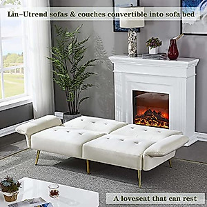 Lin-Utrend 67" Comfortable Velvet Couch，Convertible Sofa Bed, Living Room Sofas with Adjustable backrest and armrest, for Living Room, Apartment, Bedroom, Office, Shop(Beige)