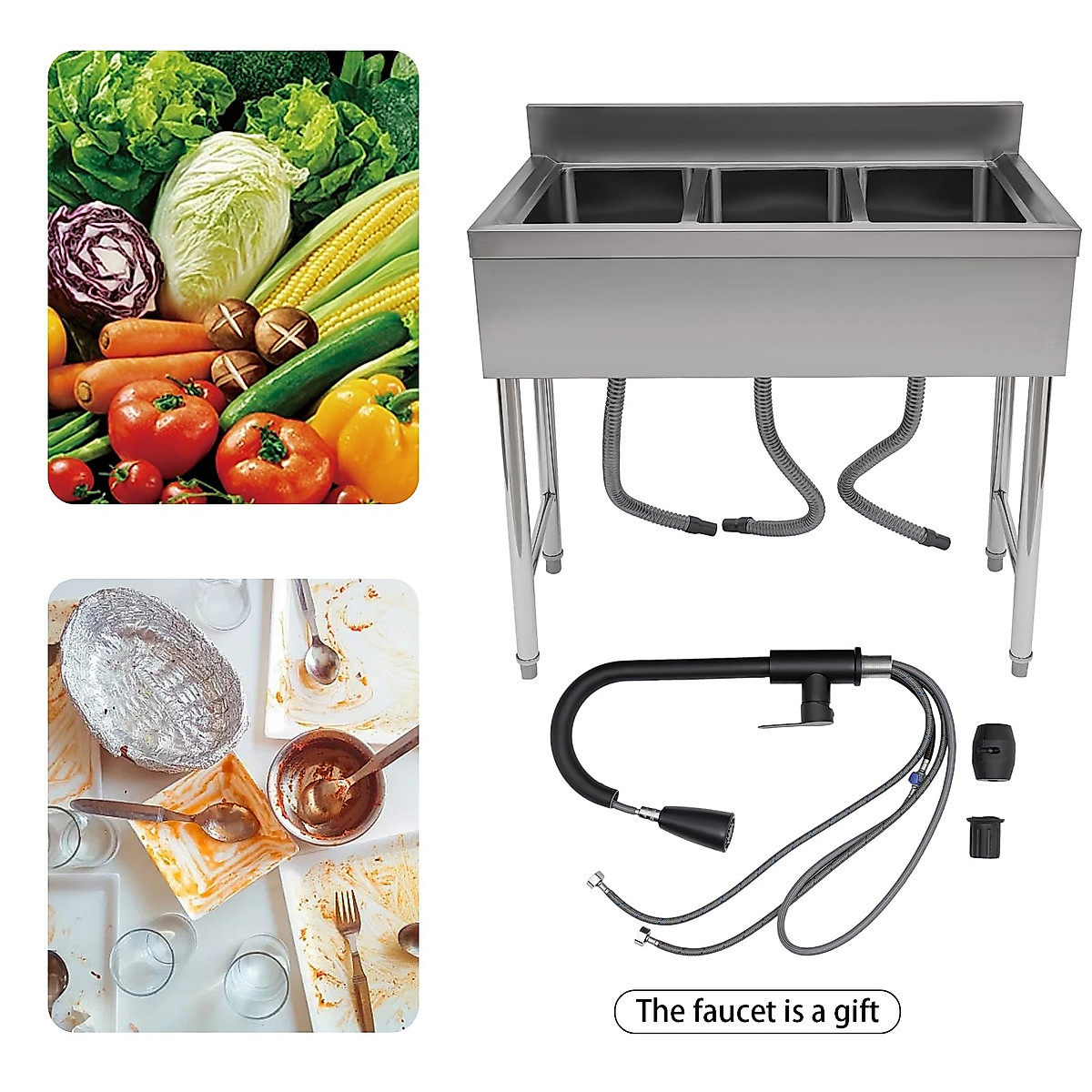 TBVECHI Free Standing Stainless Steel Kitchen Sink, Three Bowls Commercial Restaurant Utility Sink Set w/Hot and Cold Water Faucet, Prep & Utility Washing Hand Basin Sink w/Workbench Indoor Outdoor