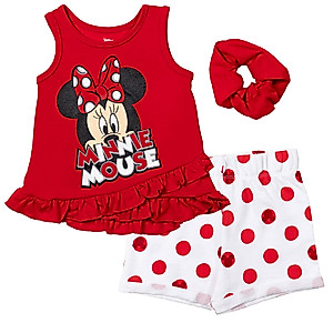 Disney Minnie Mouse Toddler Girls Tank Top French Terry Shorts and Scrunchie 3 Piece Outfit Set Red SizeDescription1