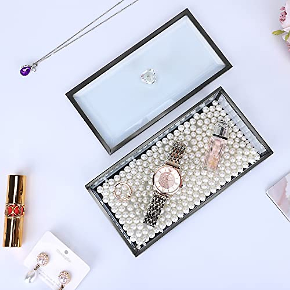 JUXYES Clear Glass Jewelry Box With Lid, Beveled Glass Keepsake Box Transparent Jewelry Organizer Box Modern Thickened Glass Vanity Decorative Box Personalized Countertop Trinket Box Organizer