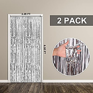 2 Pack Foil Curtain Backdrop Silver Metallic Tinsel Foil Fringe Curtains Photo Booth Props for Birthday Wedding Engagement Baby Shower Bachelorette Christmas Holiday Celebration Party Decorations