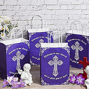 15 Pieces Welcome Gift Bags with Handles Purple Welcome to Our Church Gift Bags Religious Church Bag Baptism Gift Bag Bulk for Birthday Church Theme Party Supplies, 5.9 x 3.1 x 8.3 Inch