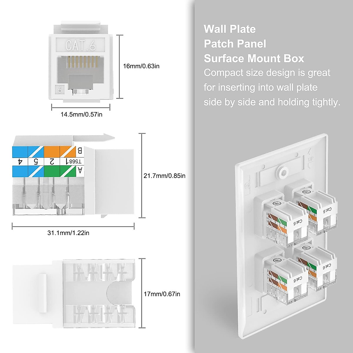 VCELINK RJ45 Cat6 Keystone Jacks UL-Listed Slim Profile, 10-Pack Ethernet Punch Down Keystone UTP, 90-Degree Modular Keystone Connector Adapter, White