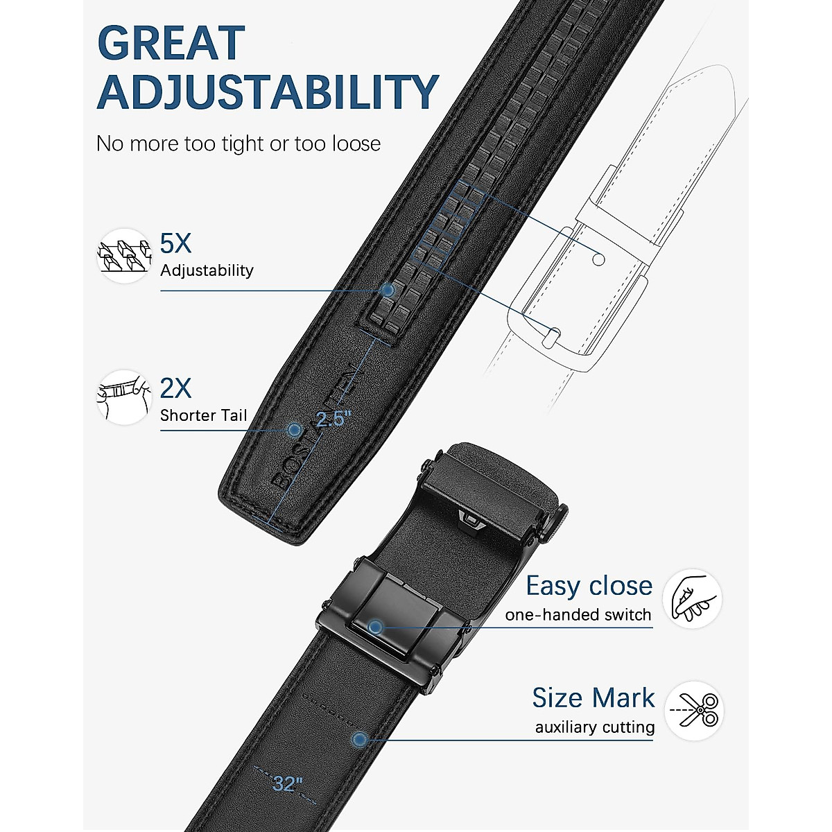 BOSTANTEN Mens Belt Leather 2 Pack Ratchet Belt For Men Dress and Casual with Adjustable Buckle, Trim to Fit