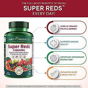 Purity Products Super Reds Capsules Formula (20+ Organic Super Fruits and Berries) Certified Organic Phytonutrients - 90 Capsules