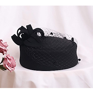 Z&X British Vintage Wool Felt Pillbox Hat Ladies Church Derby Winter Fascinator Hat Veil Flower Fedoras Black