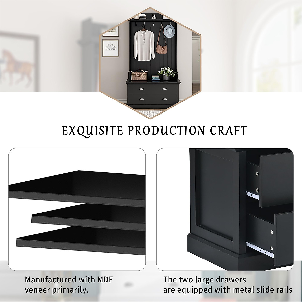 Aisurun Vintage 38.5" Wide Hall Tree Coat Rack Coat Hanger with 5 Hooks, 2 Large Drawers & 1 Top Shelf, Storage Bench Entryway Bench for Hallway Living Room (Black)