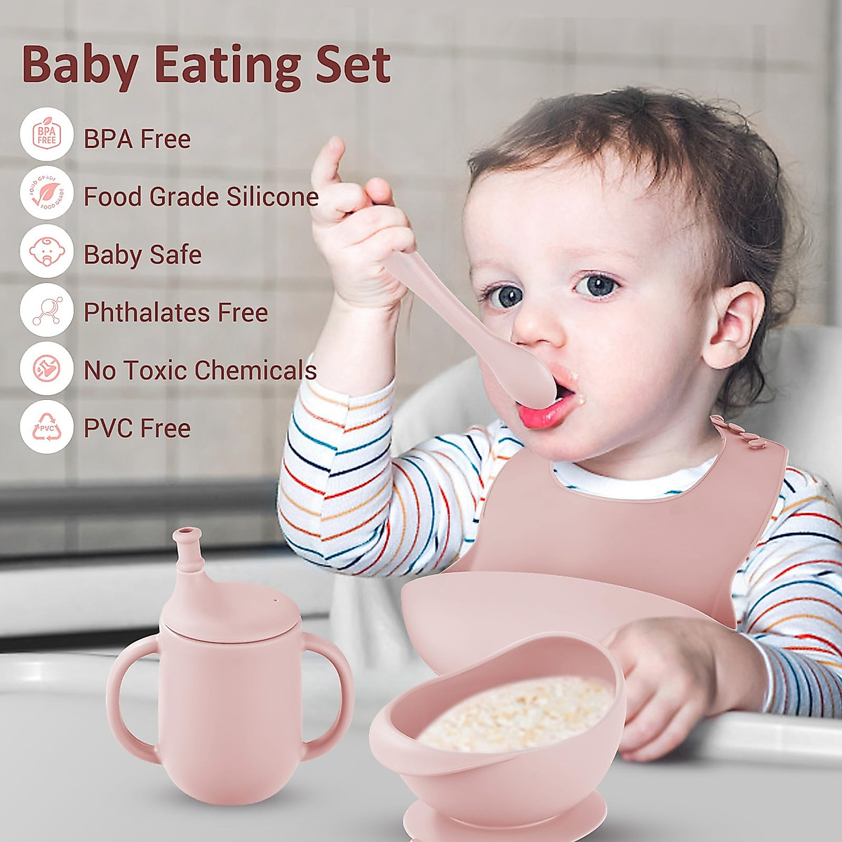 Baby Led Weaning Supplies, FOTEEMO 11-Piece Silicone Baby Feeding Set Self Feeding Baby Utensils First Food Set For 6+ Months Toddler Baby Plates with Suction (Pink)