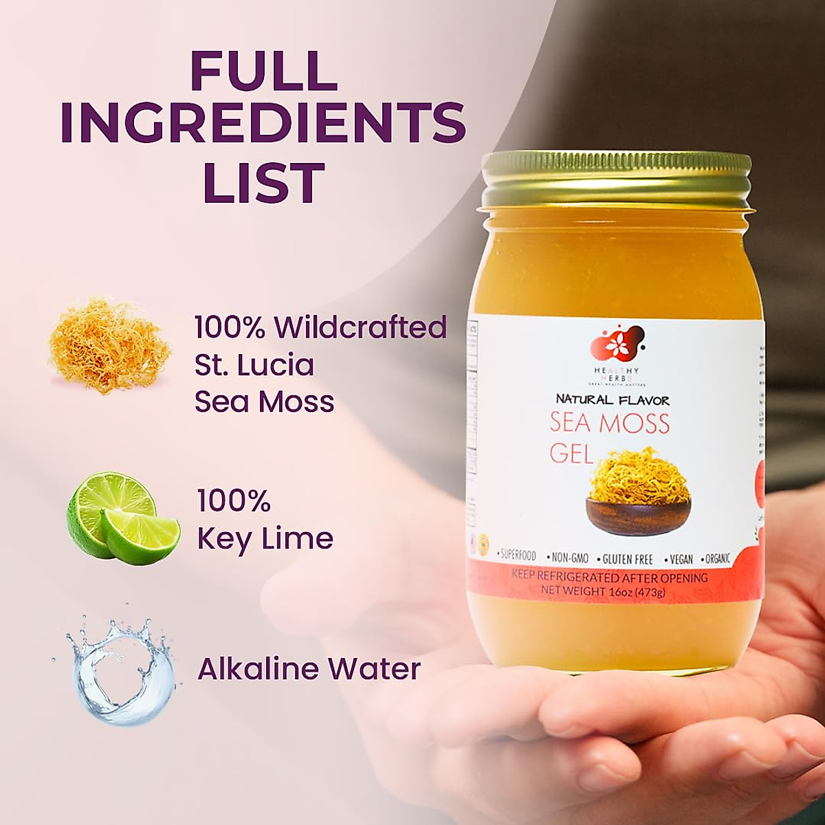 Healthy Herbs Sea Moss Gel (Natural) Wildcrafted from Jamaican St Lucia Gold Seamoss | Wild-Harvested Superfood With Over 90 Essential Vitamins & Minerals | Vegan, Non-GMO, US-Made (16 oz.)