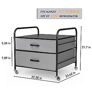 Mini Fridge Stand with Storage, KOZIDO 2-Tier Drawer Organization Rolling Cart for Mini Fridge, Dorm Fridge Stand with Grey Drawers, Metal Frame, Swivel Wheels