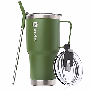 Bluwing Travel Mugs with Handle 30 oz Stainless Steel Double Wall Insulated Coffee Tumblers with Lid and Straw (Grass Green)