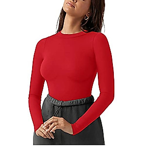 REORIA Women's Fall Fashion Crew Neck Double Lined Long Sleeve One Piece Fitted Tight T Shirts Leotards Bodysuits Tops For Going Ou Red Medium