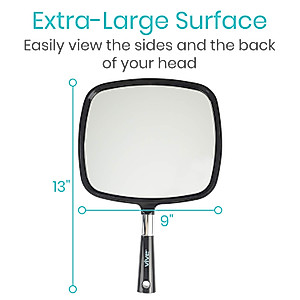 Vive Hand Mirror - Handheld Mirror with Handle - Extra Large Travel Portable Design - Makeup Mirror, Hair, Bathroom, Shaving, Barber - Vanity for Women, Men with Paddle Handle - Black Plastic Tool