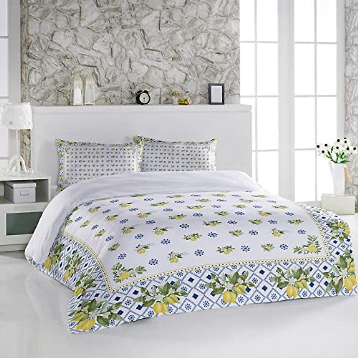 3 Pieces Duvet Cover California King Bedding Sets Summer Lemon Flower and Leaves Luxury Soft Comforter Cover with Pillowcases Retro Tile Lattice on White Microfiber Quilt Covers Set for Bedroom Decor