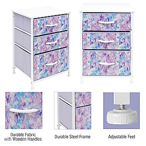 Sorbus Nightstand Storage Organizer with 3 Drawers - Kids Girls, Boys Bedroom Furniture Storage Chest for Clothes, Closet Organization - Steel Frame, Wood Top, Tie-dye Fabric Bin (Blue/Pink/Purple)