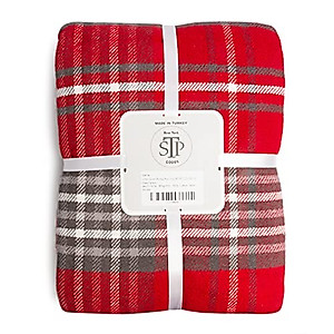 STP GOODS Cotton Red Throw Blanket Plaid for Couch Sofa Bed 86.6 х 63'' Twin Soft Warm Blanket with Fringe Scotch Travel Blanket (Red / Gray)