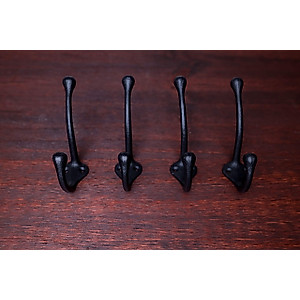 Vintage Cast Iron Wall Hooks (Black Texture Finish, Set of 4) - Rustic, Farmhouse Coat Hooks | Great for Coats, Bags, Towels, Hats | Classic Standard