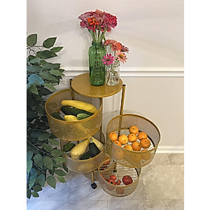 H&H Supply 5 Tier Rotating Storage Kitchen Cart Organizer Metal Vegetable Fruit Basket Rotating Shelves for Kitchen Dorm Office Bathroom Matte Yellow Gold Lightweight